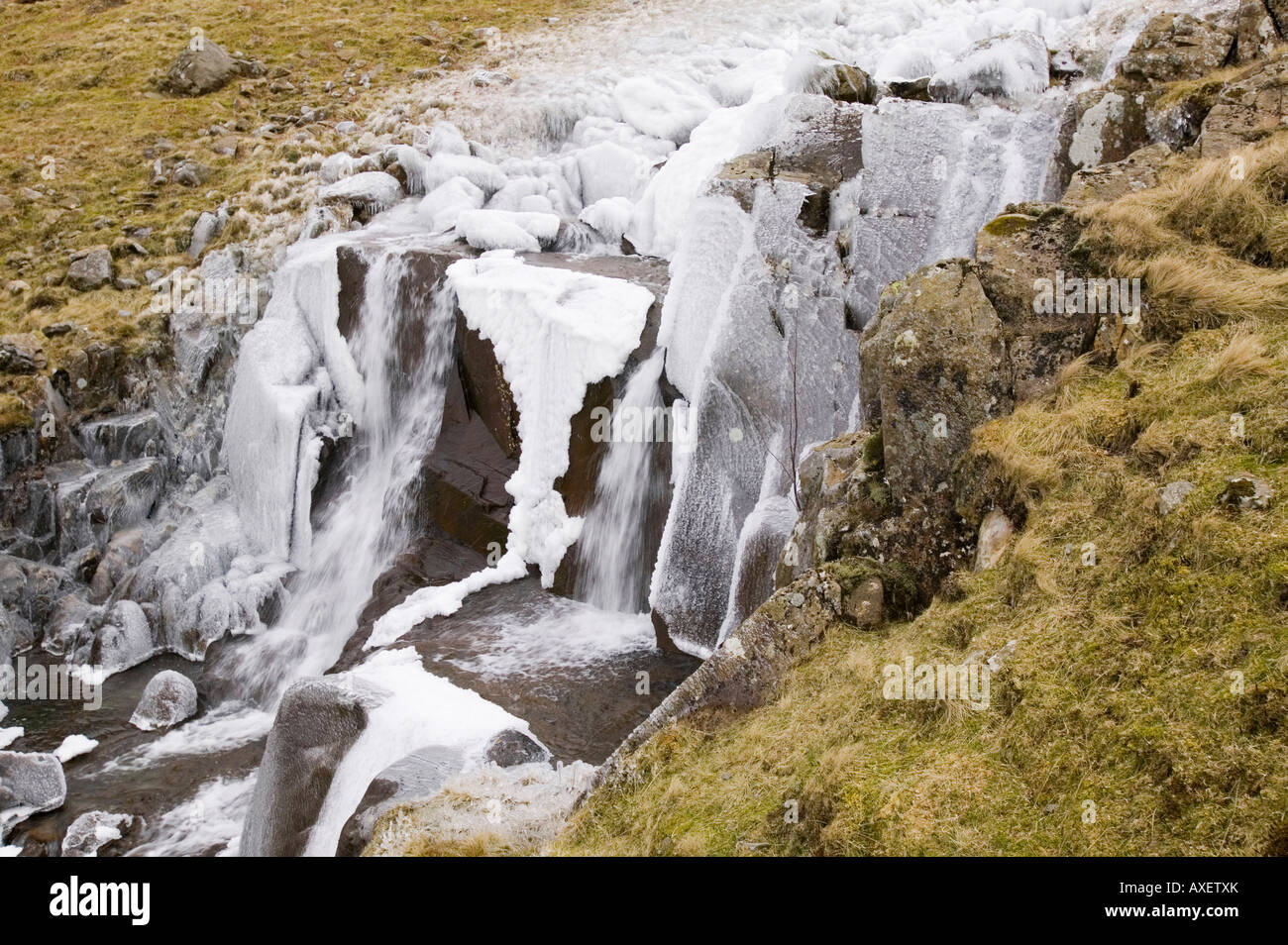 Icing on rocks caused by a strong wind blowing water onto frozen rocks ...