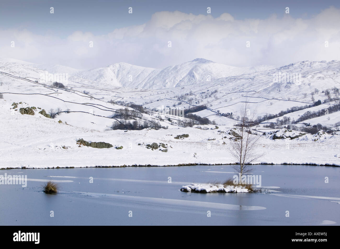 The Kentmere fells above Ambleside covered in snow in the Lake District ...