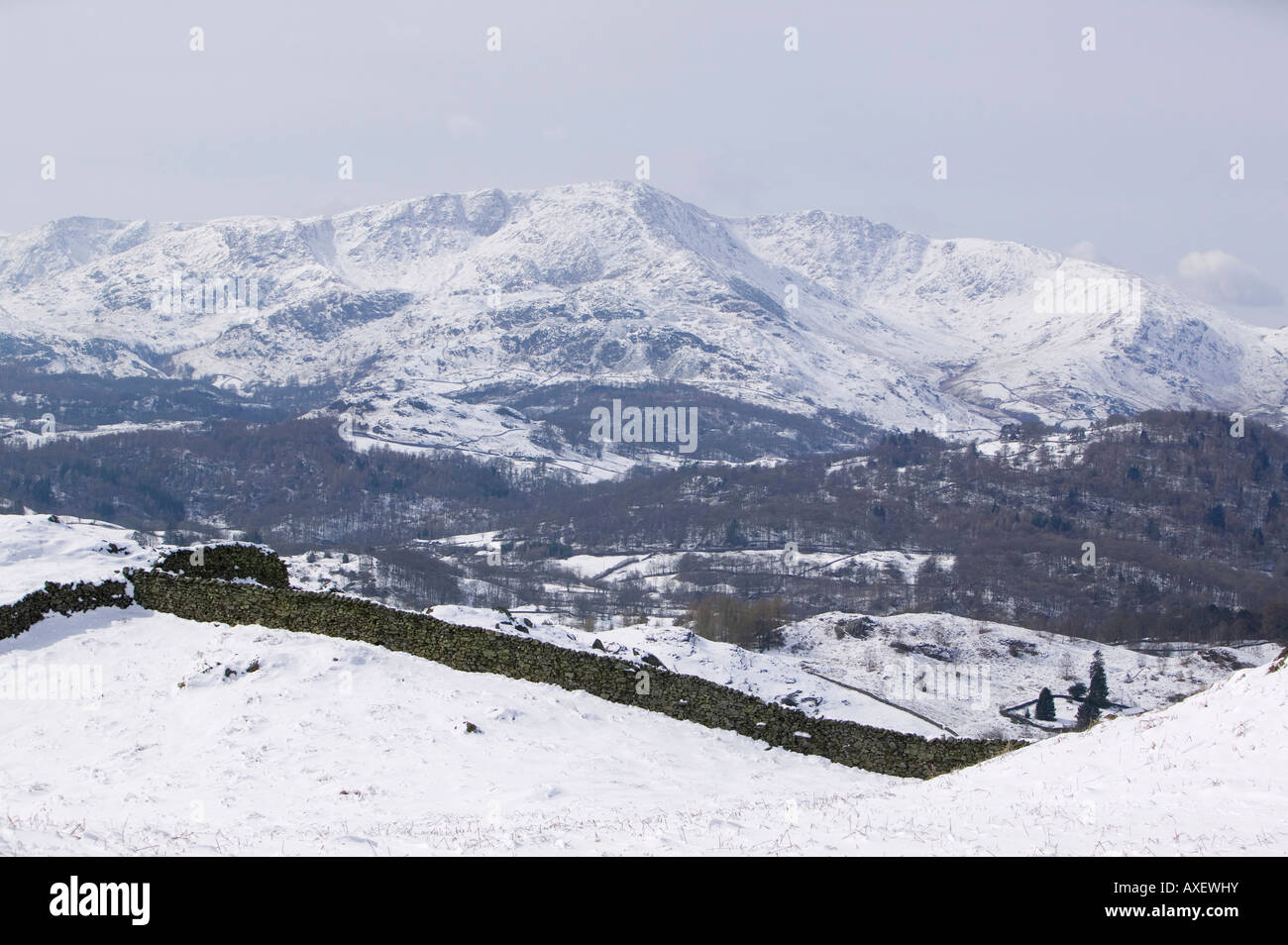 Wetherlam and the Coniston Fells covered in snow in the Lake District ...