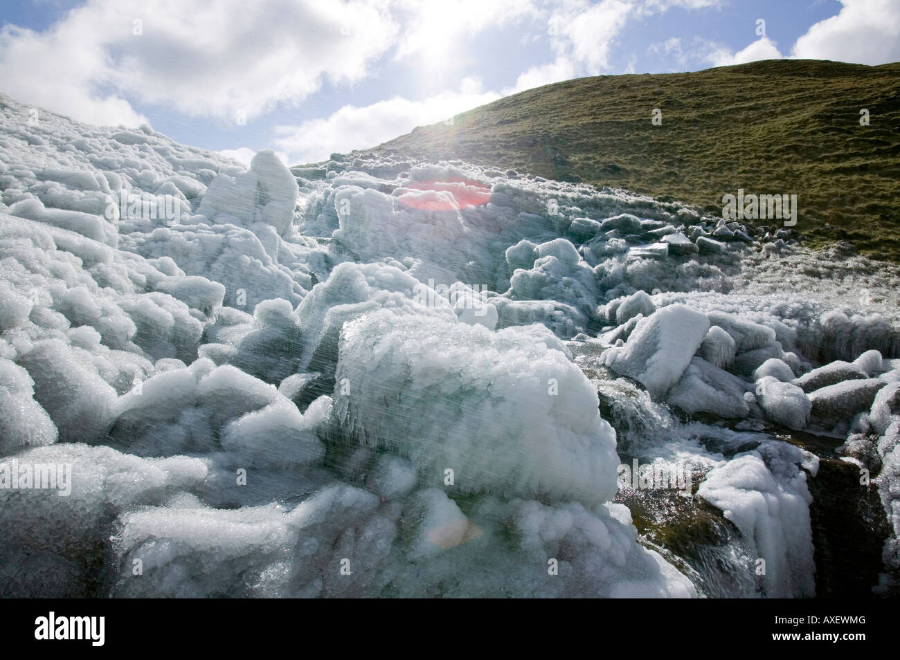 Icing on rocks caused by a strong wind blowing water onto frozen rocks ...