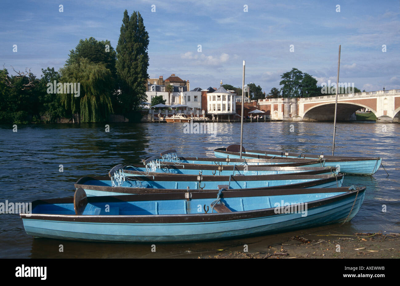 Blue Rowing Boats by the River Thames, at Hampton Court Bridge, East ...