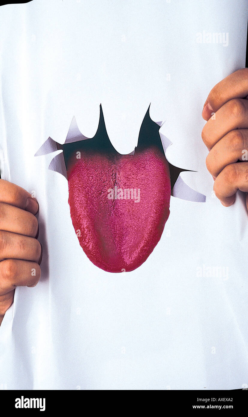 put stick make hole hold tongue hole sheet paper hand hands fingers ...