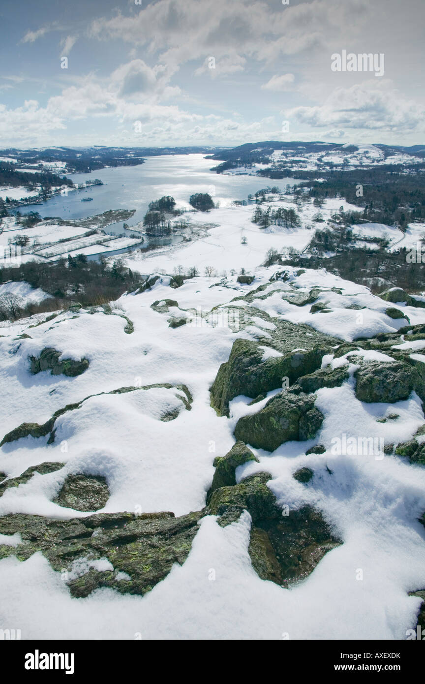 Lake Windermere and Ambleside covered in snow in the Lake District UK ...
