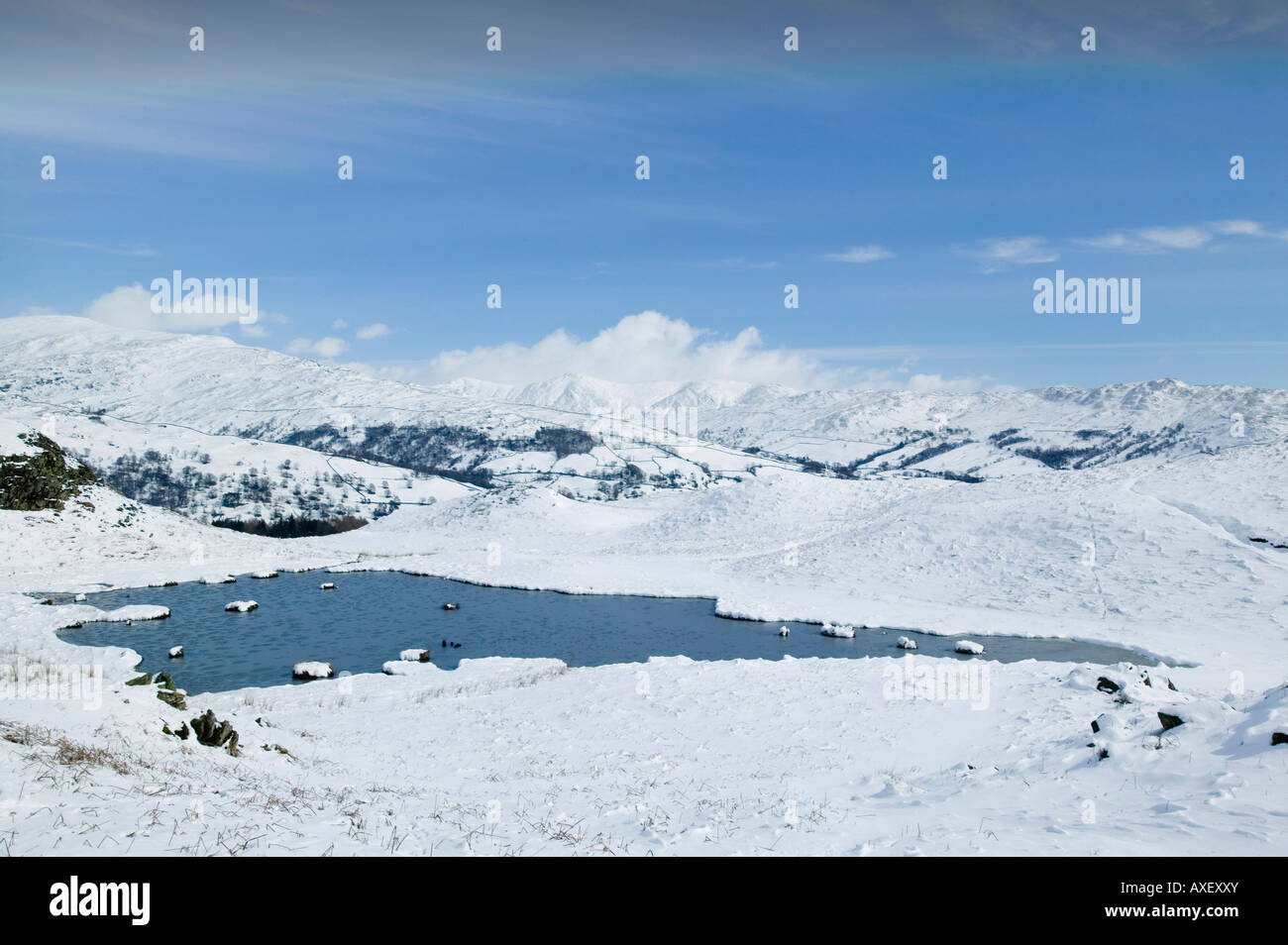 The Kentmere fells above Ambleside covered in snow in the Lake District ...