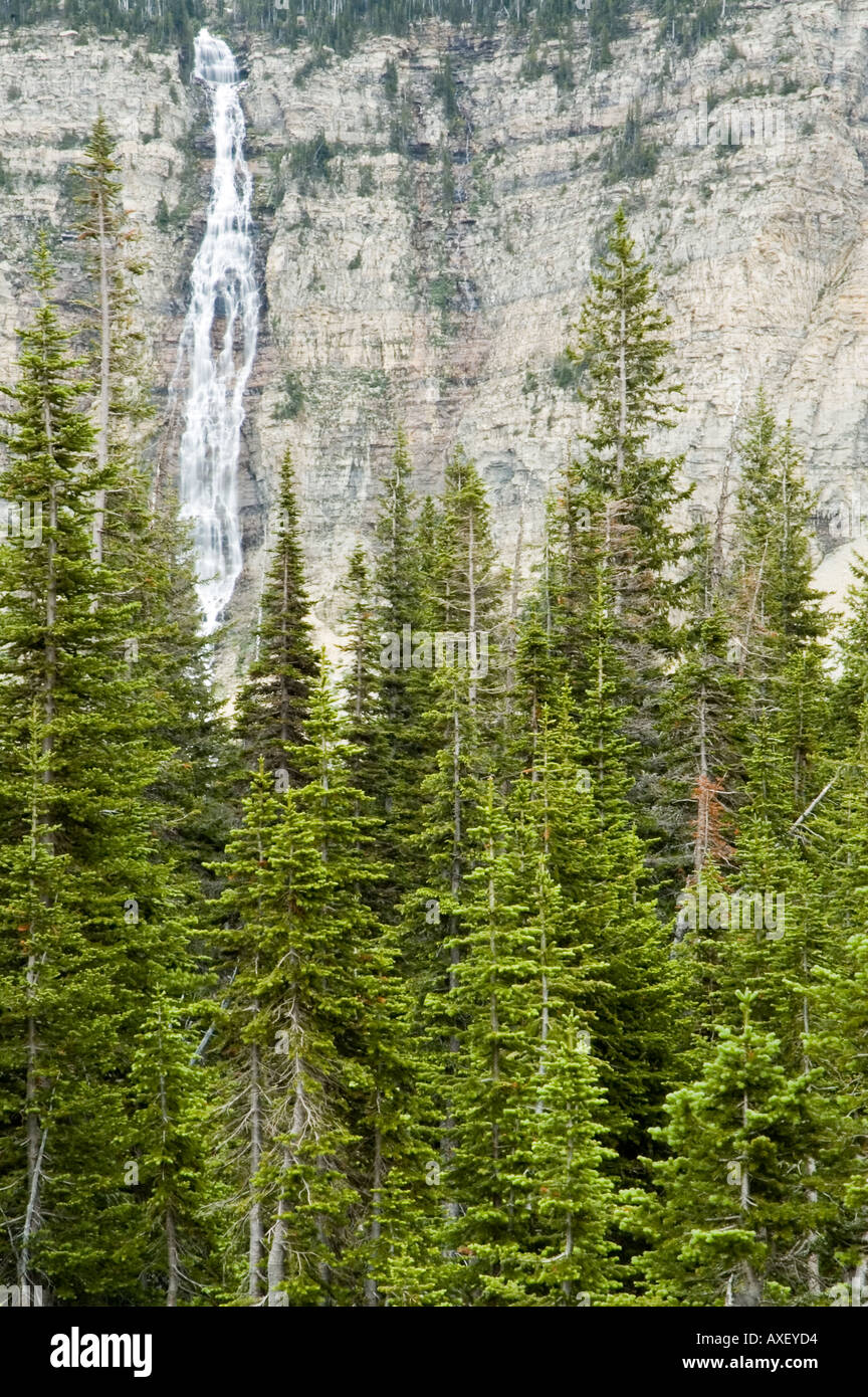 The Crypt Lake Falls plunge off a cliff in Waterton Lakes National Park ...