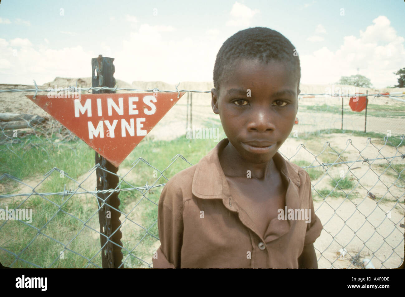 Africa Namibia Ovamboland Boy with land mine sign Stock Photo - Alamy