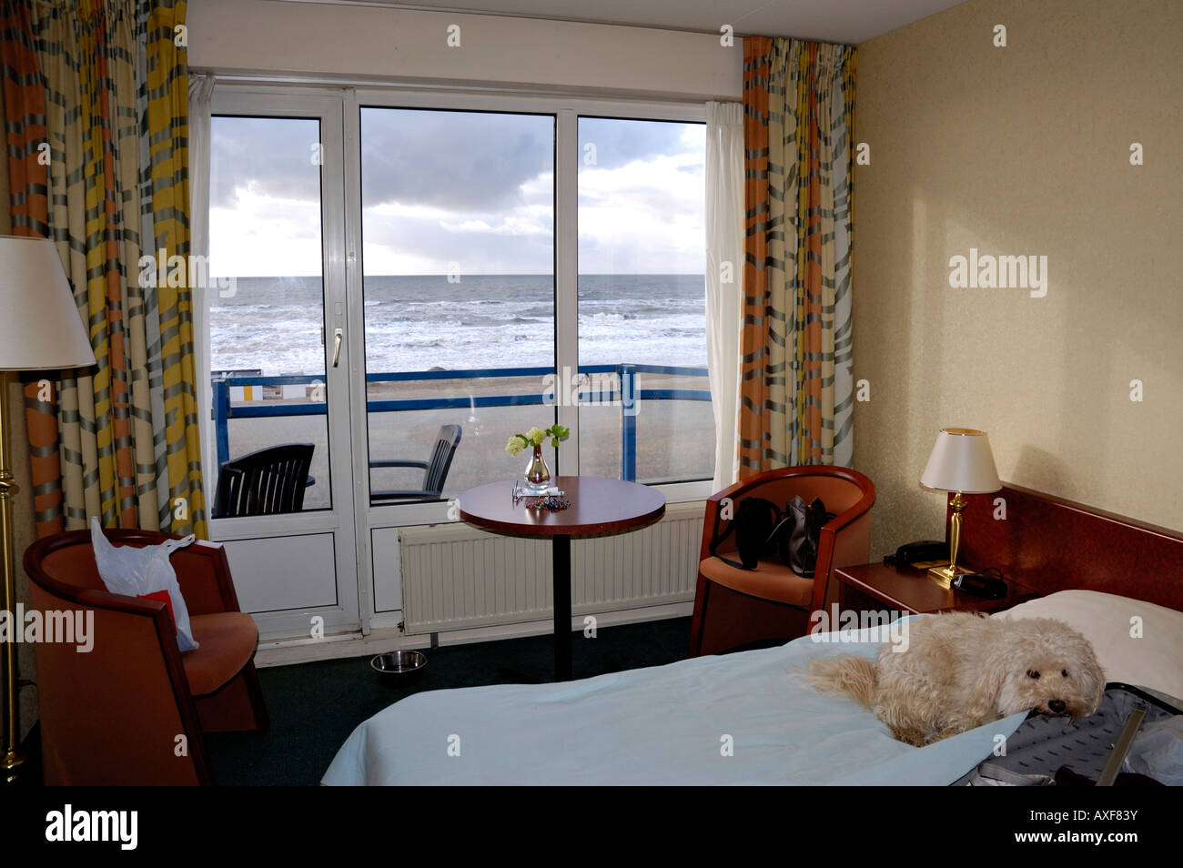 Interior of small seaside hotel room on the North Sea coast in Holland ...