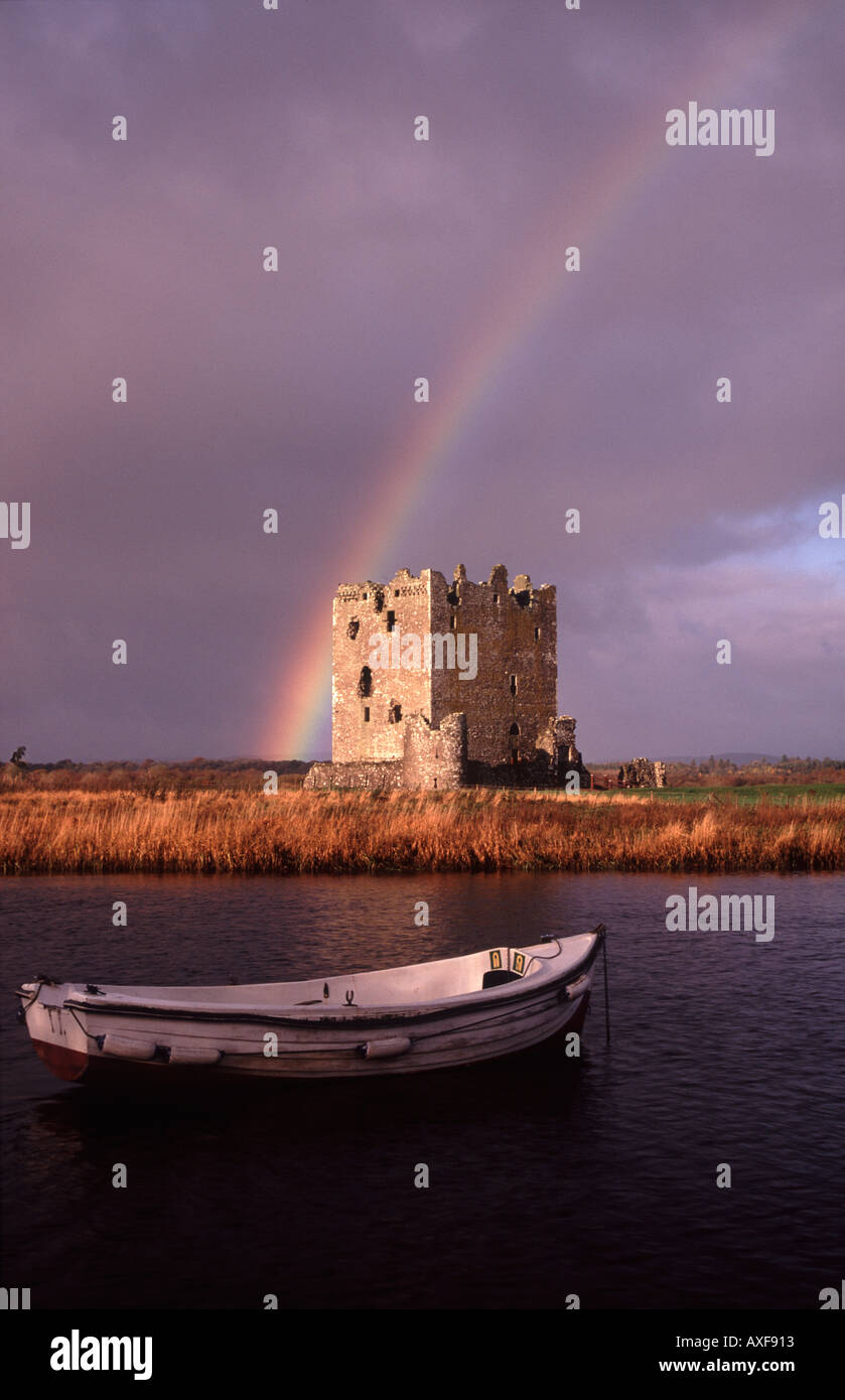 A stormy winters morning boat on the River Dee with Threave Castle on ...