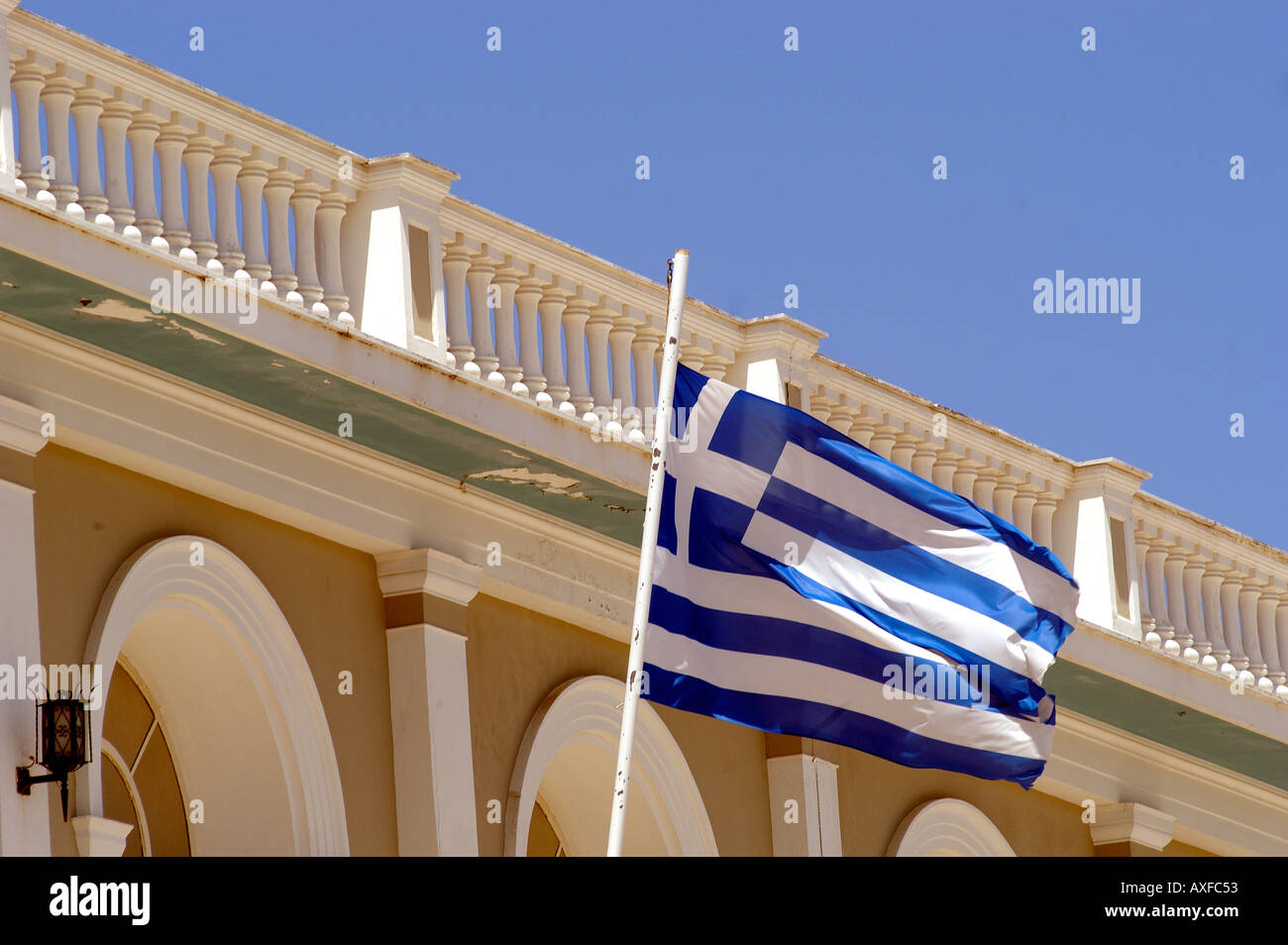 greek flag flying outside public building zante greece Stock Photo - Alamy