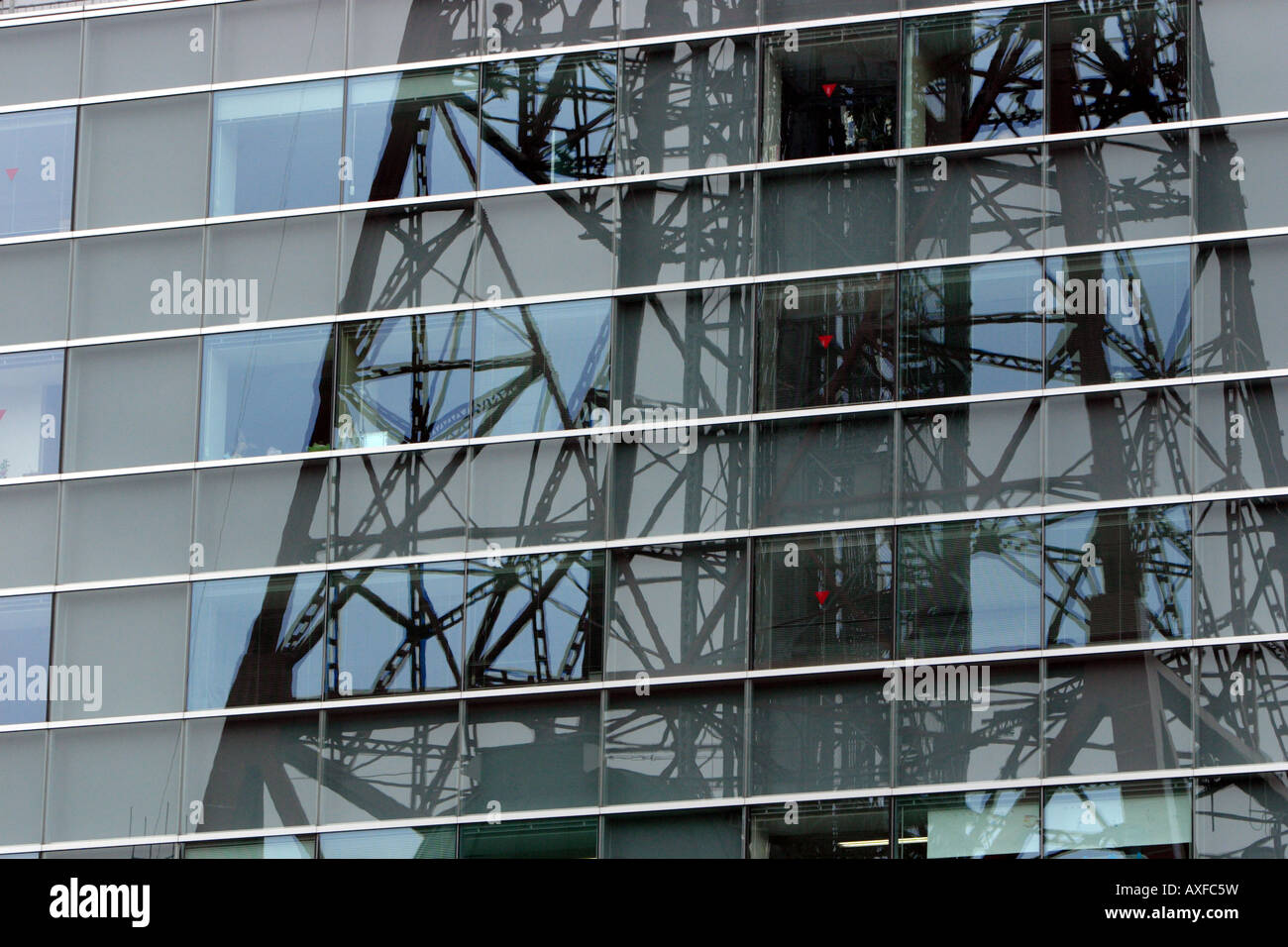 Reflection in a TV tower in a glass wall of a bilding Sapporo Japan ...