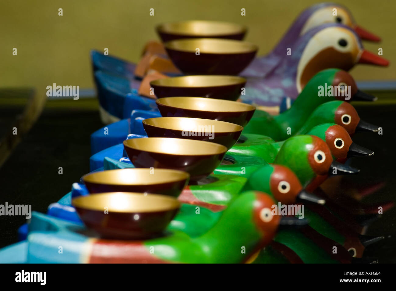 Bird shaped floating sake cups at the Gokusui no en festival in ...
