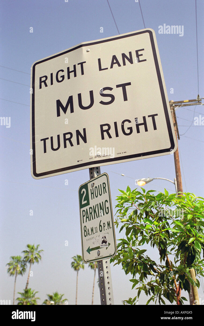 right lane must turn right los angeles Stock Photo - Alamy