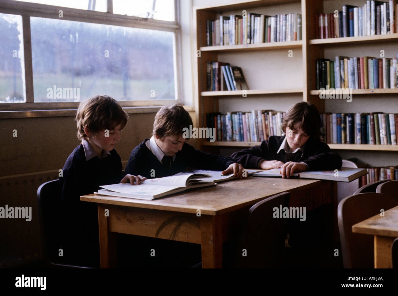 Boys reading books in a school library UK Stock Photo - Alamy