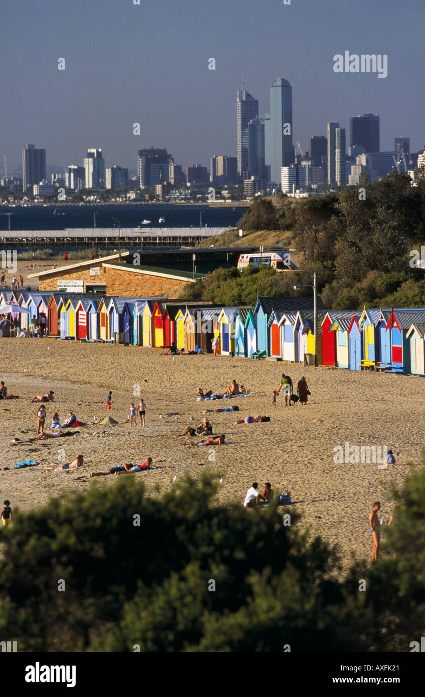 Beach boxes with city skyline in background Brighton Melbourne Port ...