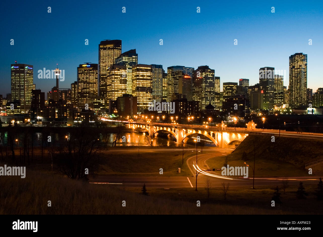 The Centre Street Bridge leads into the downtown skyline of Calgary ...