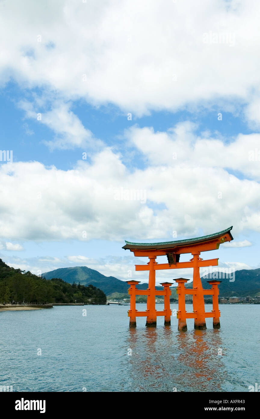 The floating torii gate of Miyajima stands in the bay near the ...