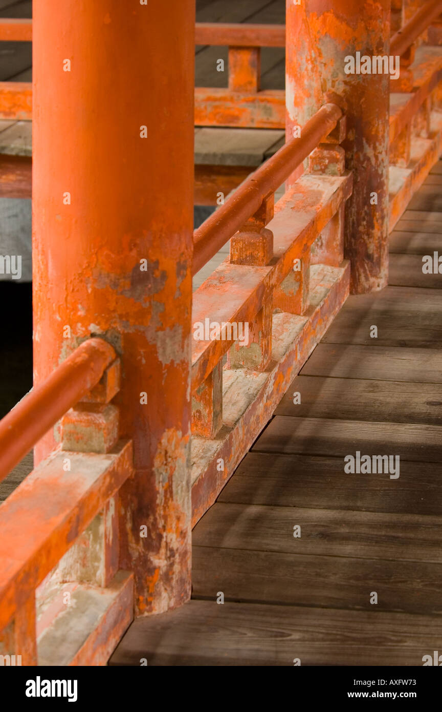 Paint damaged by a typhoon awaits restoration at the Itsukushima Shrine ...