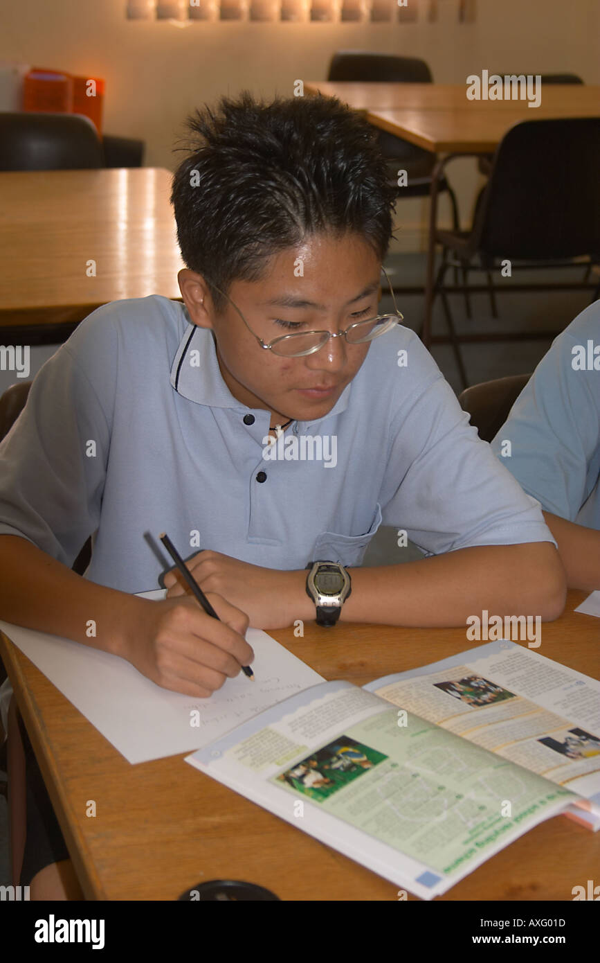 teenage school boy writing in classroom Stock Photo - Alamy