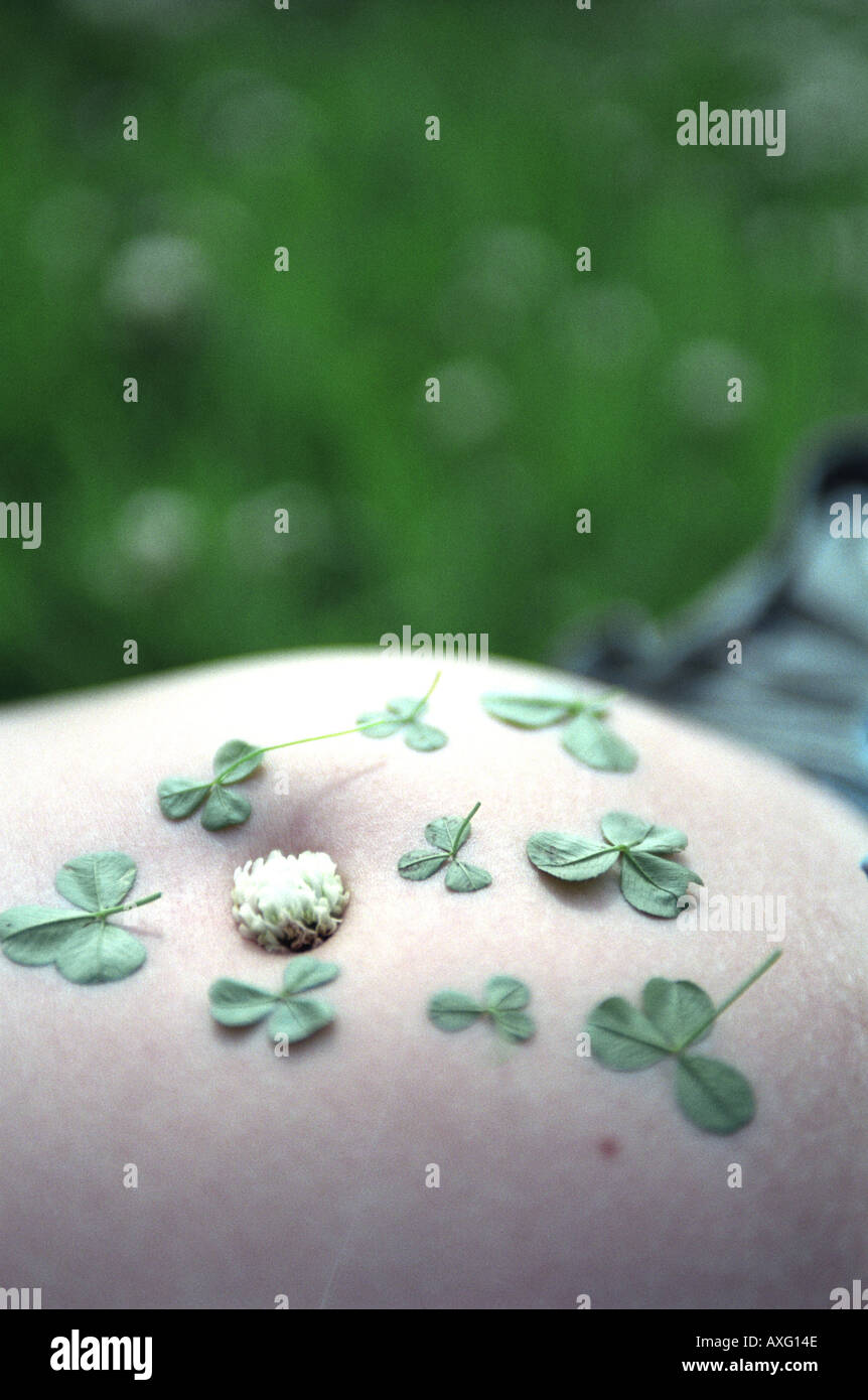 Pregnant belly covered with clover uk Stock Photo - Alamy