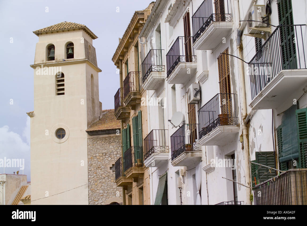 MEDITERRANEAN SPAIN IBIZA OLD TOWN DETAIL OF BUILDINGS WITH CHURCH ...