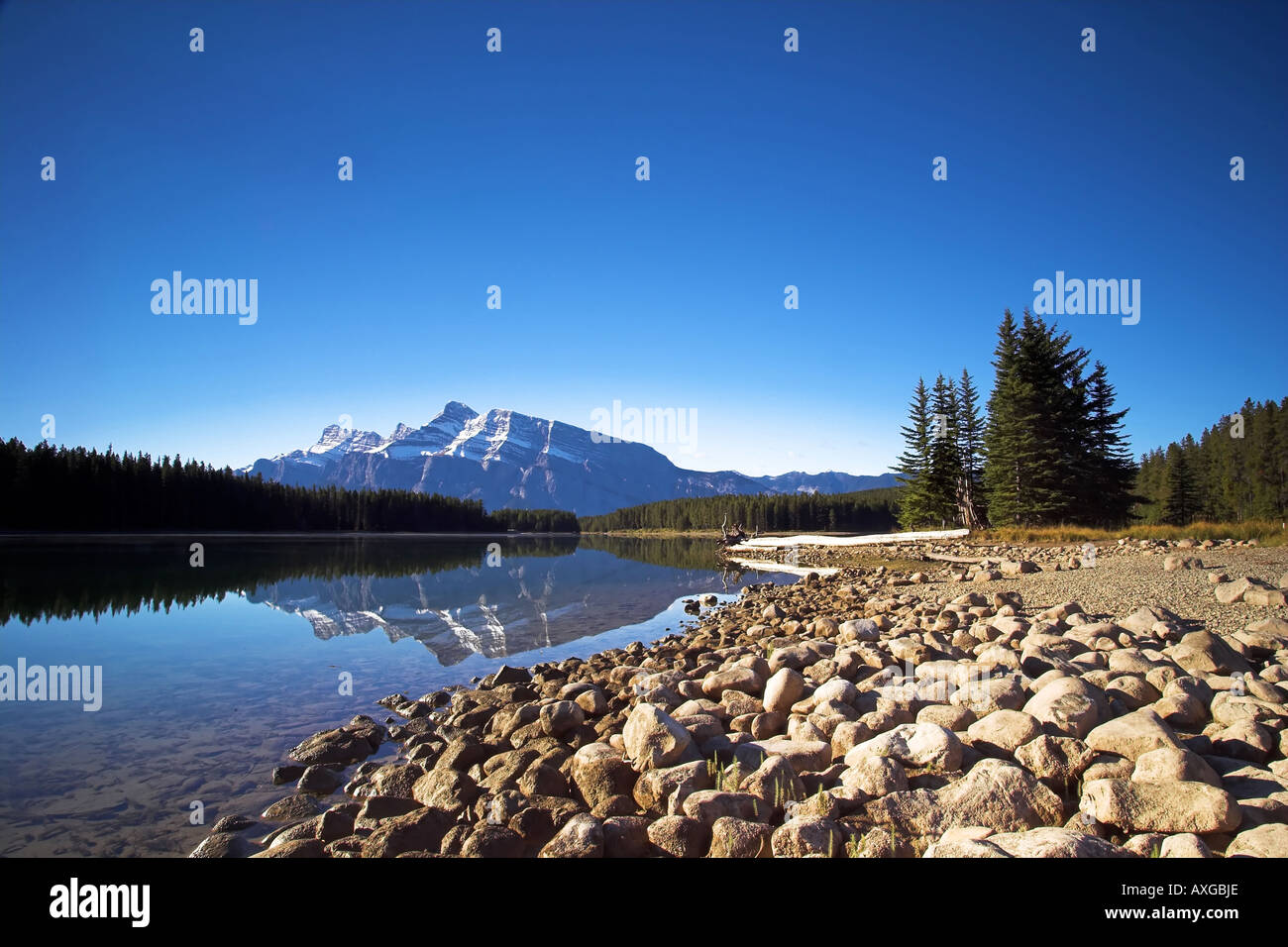 Mount Rundle at daybreak from two jacks lake on the minnewanka loop ...