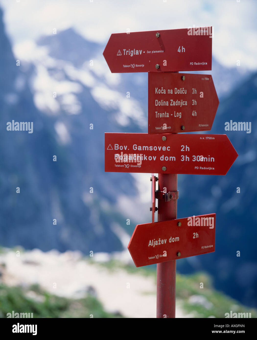 Walking sign on the Ljukna Pass at the head of the Vrata valley above ...