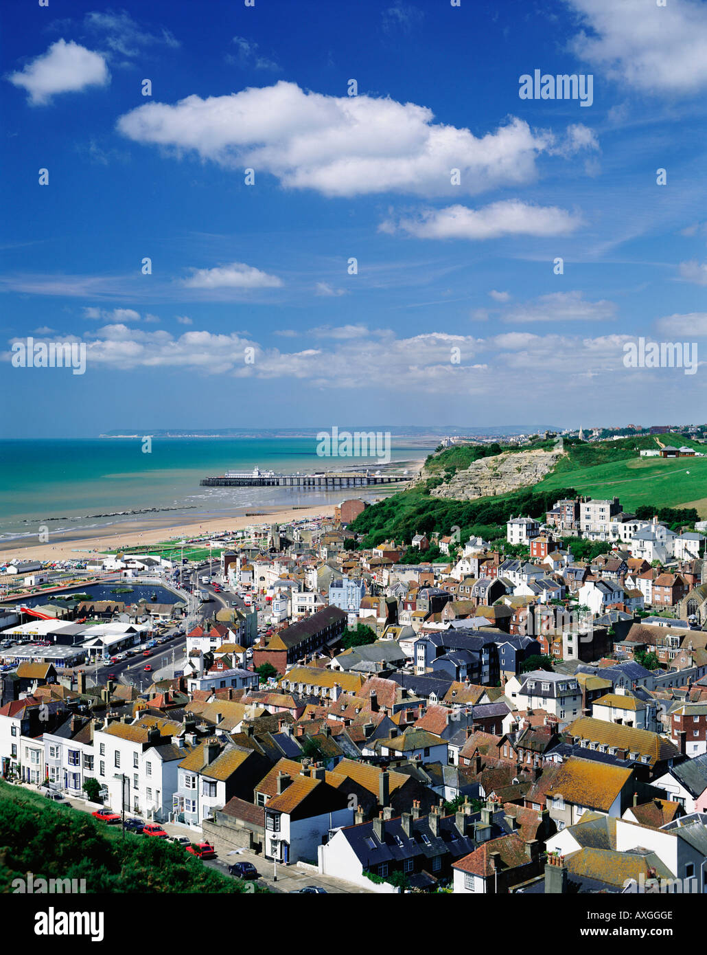 Hastings, UK. View over the Old Town from East Hill to the pier with ...
