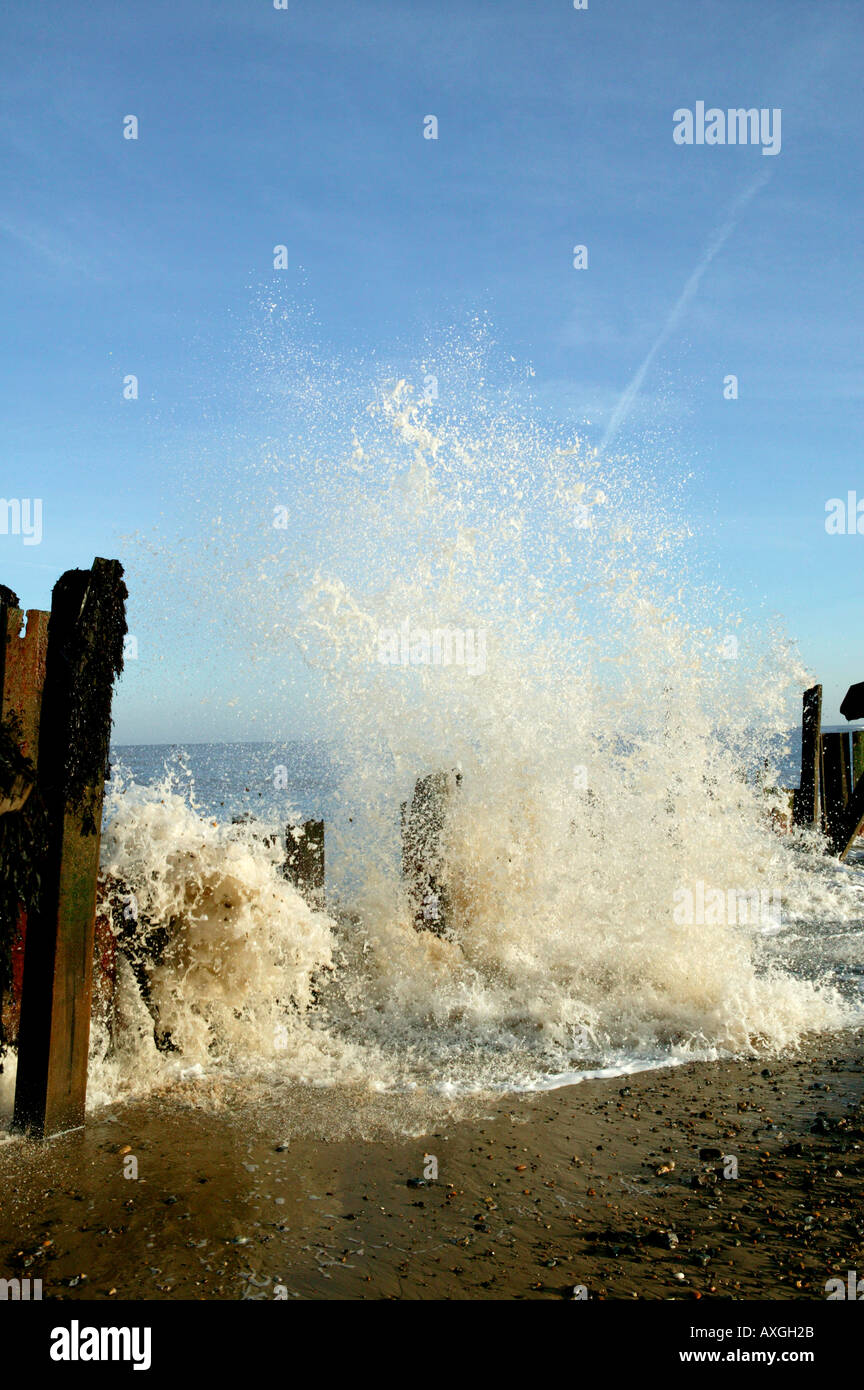 Wave Breaking Through Smashed and Rusting Sea Defences, Happisburgh ...