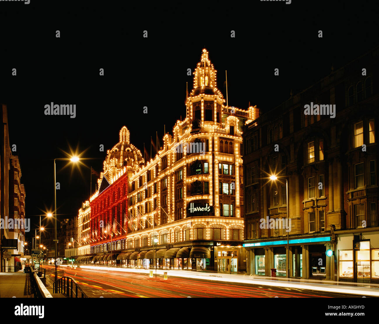 Harrods illuminated at night Knightsbridge, London, England, GB, UK ...