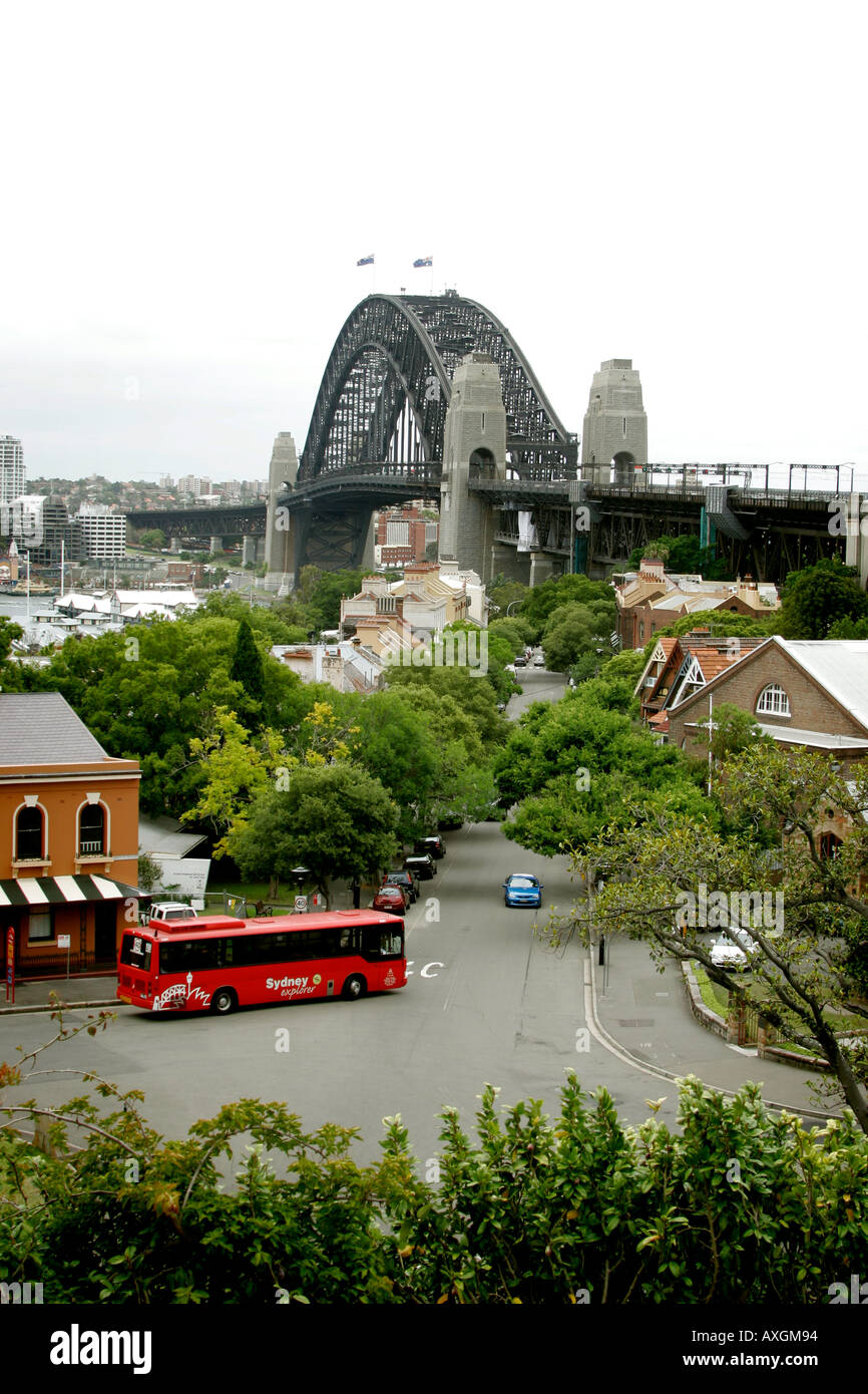 The Sydney Explorer bus with the Sydney Harbour bridge and the Rocks ...