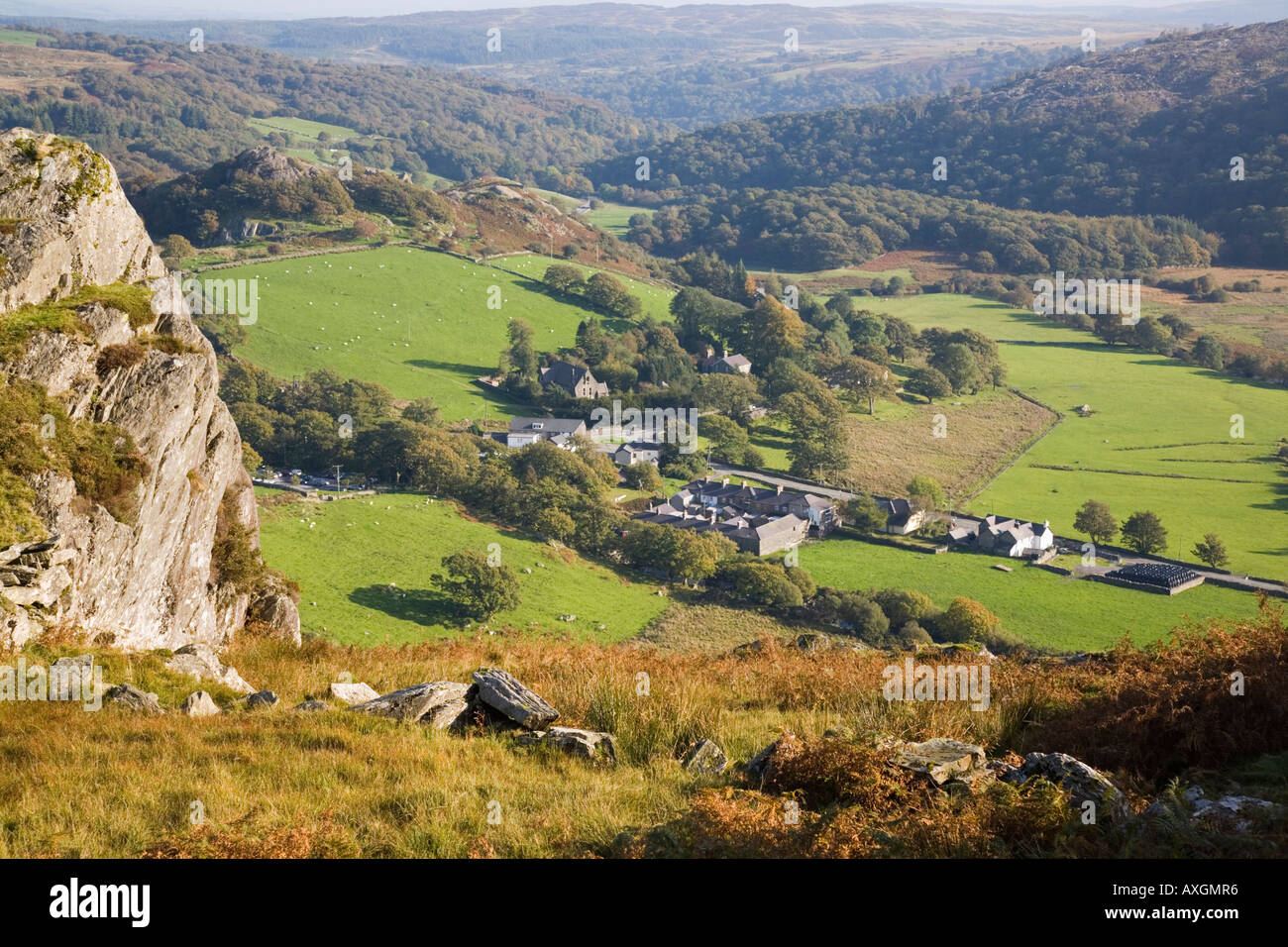 Aerial view of green valley and Capel Curig village in Snowdonia ...