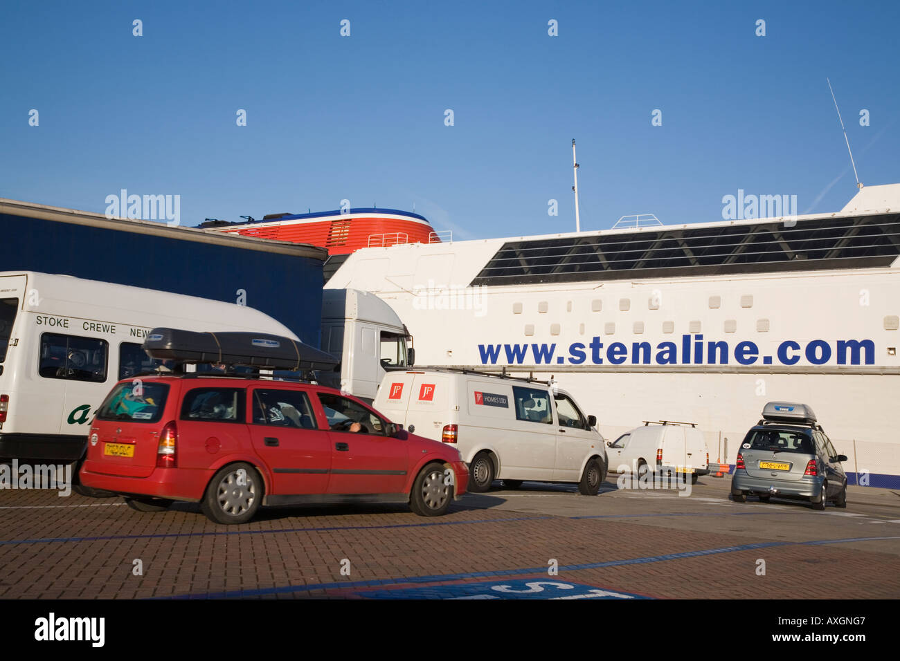 Stena Line car and passenger ferry with freight and cars quequeing to ...