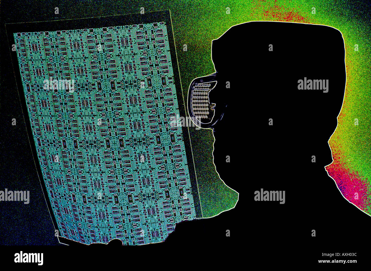 medical student studying monitor screen displaying technical symbols ...