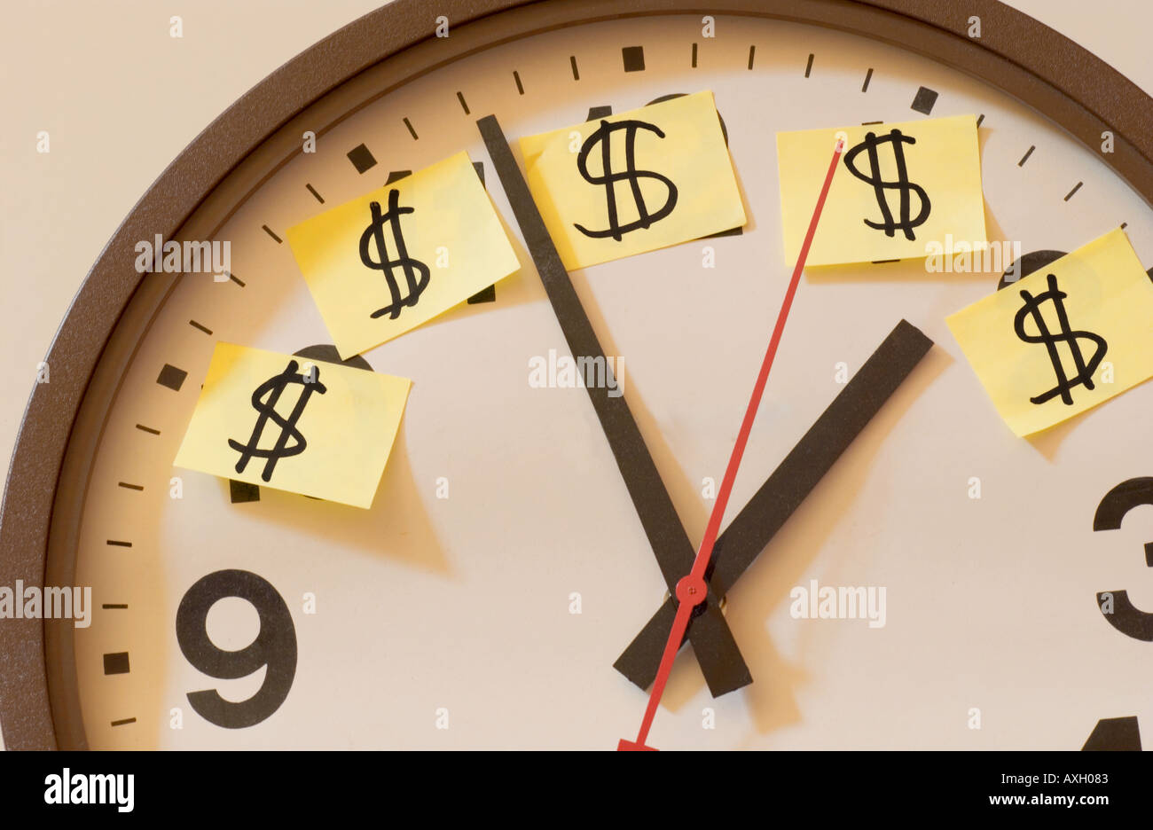 closeup of office clock with dollar signs sticky notes hiding numbers ...