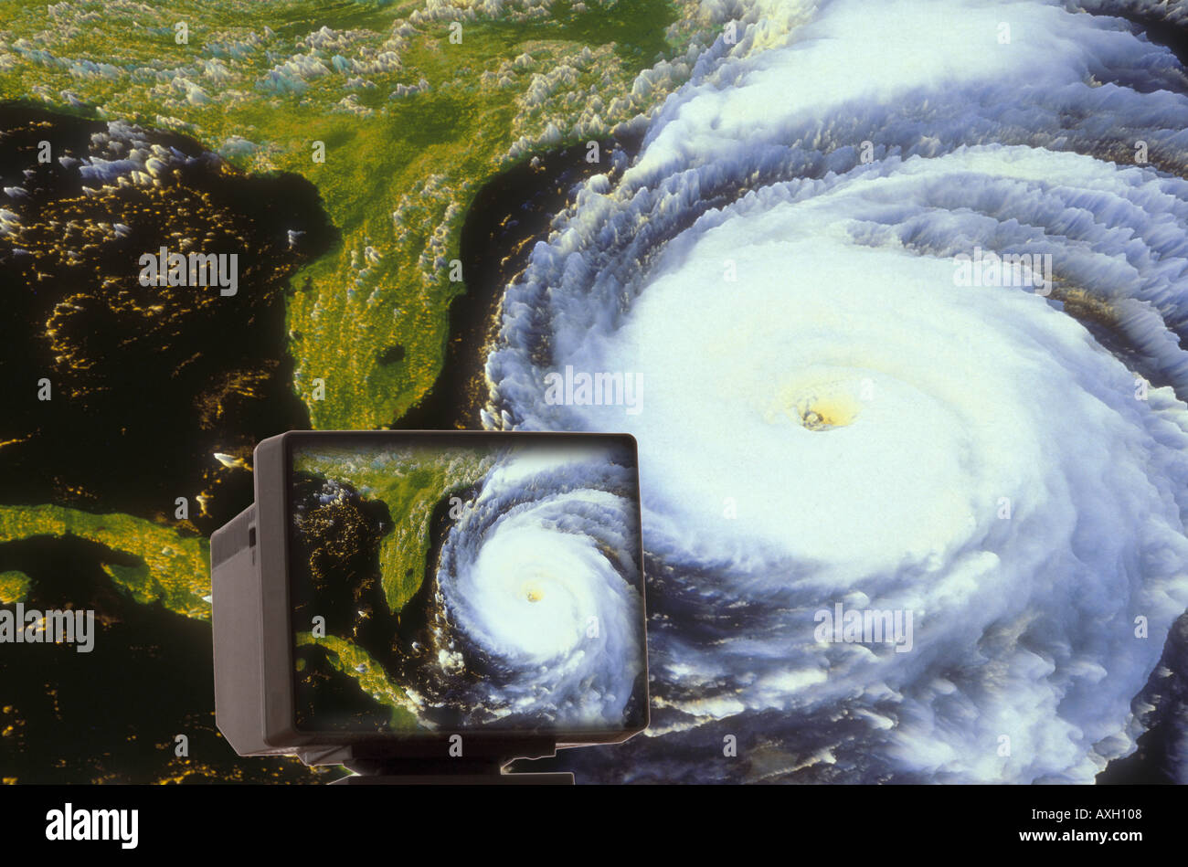 hurricane photographed from space over Florida shown on computer and ...