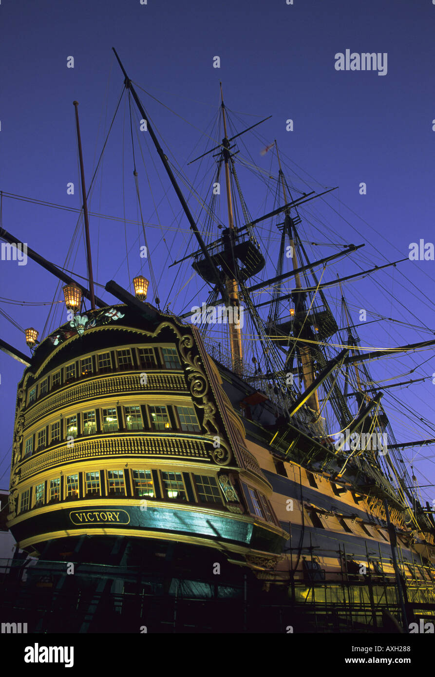 HMS Victory at twilight Naval Dockyard Portsmouth Hampshire Stock Photo ...
