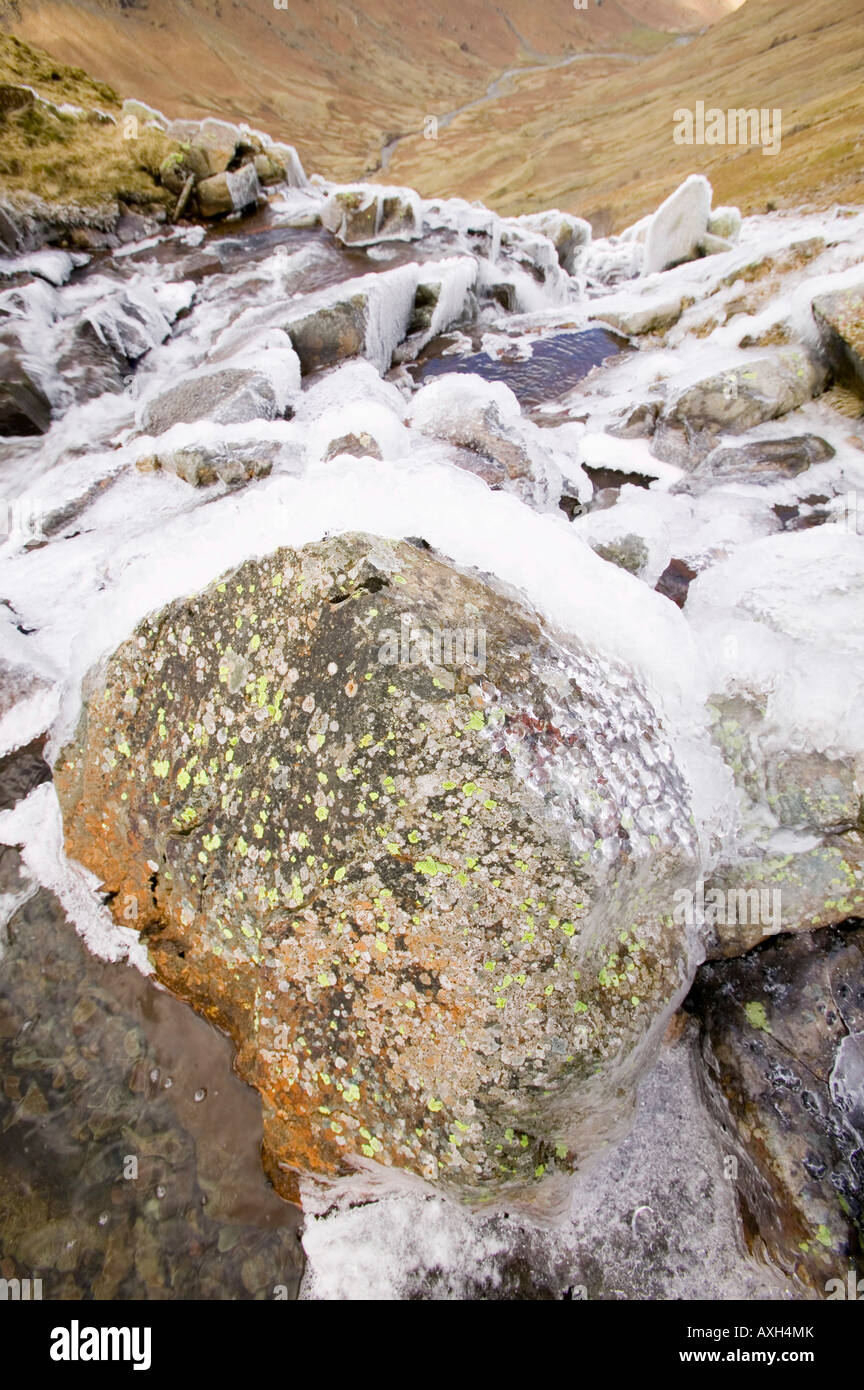 Icing on rocks caused by a strong wind blowing water onto frozen rocks ...