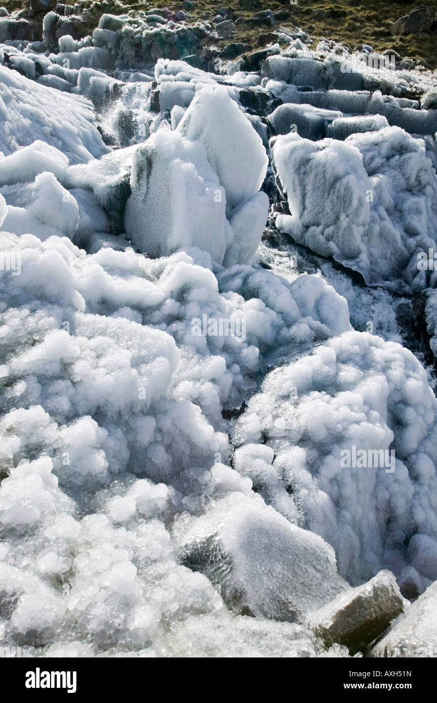 Icing on rocks caused by a strong wind blowing water onto frozen rocks ...