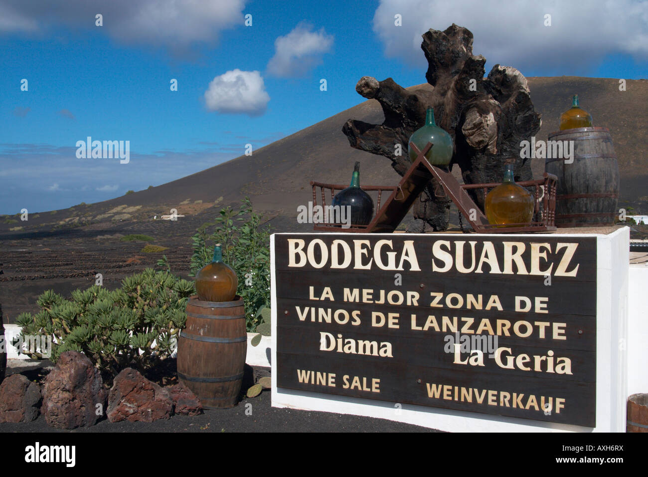 Barrels outside Bodega Suarez in the wine growing region of La Geria on ...