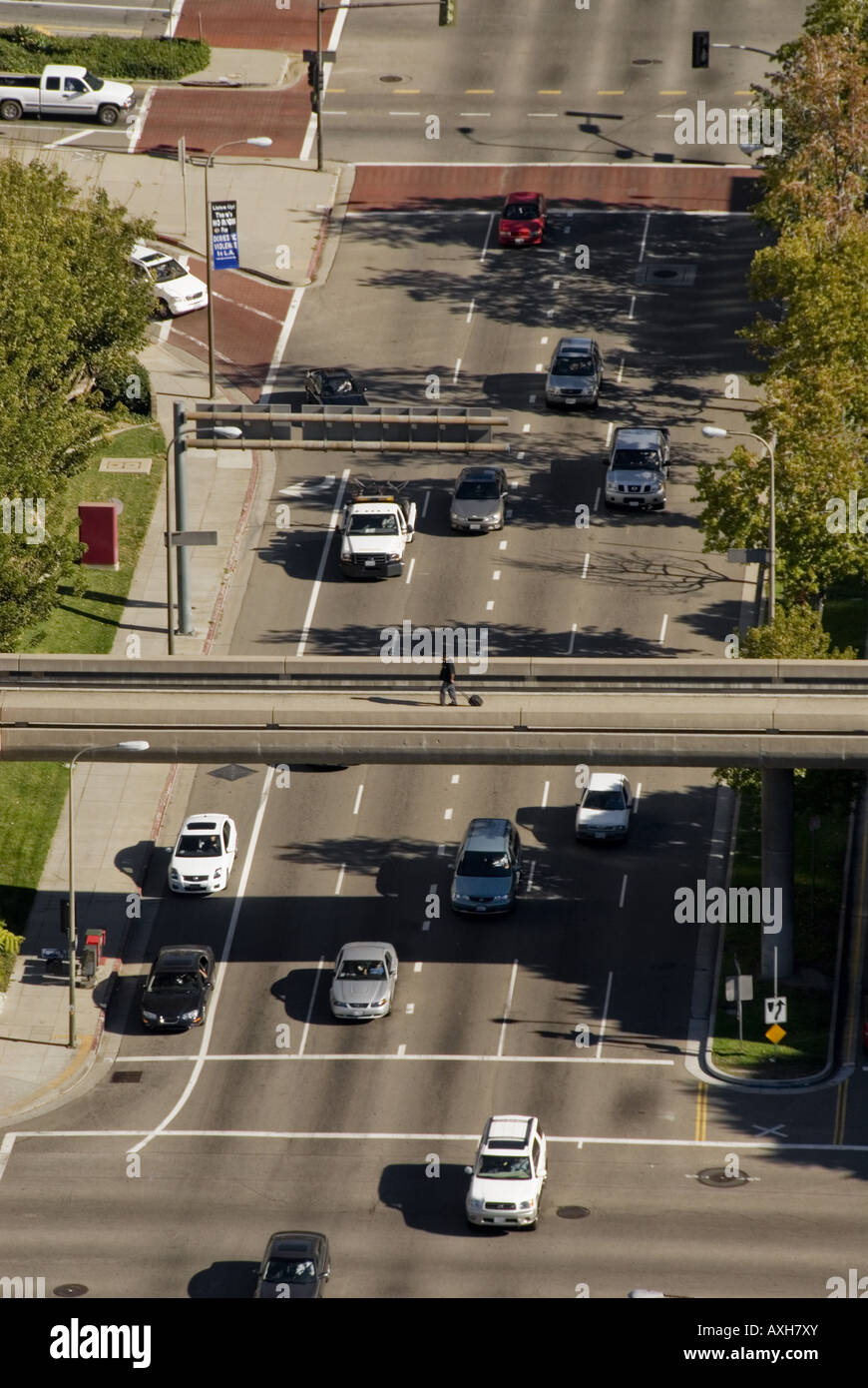Overhead view of bridge over traffic Stock Photo - Alamy