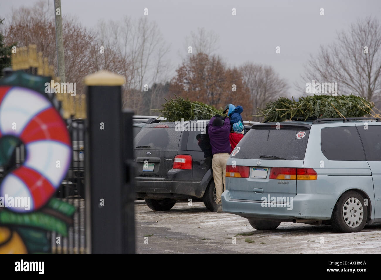 Mother and children loading christmas tree to top of SUV Stock Photo ...