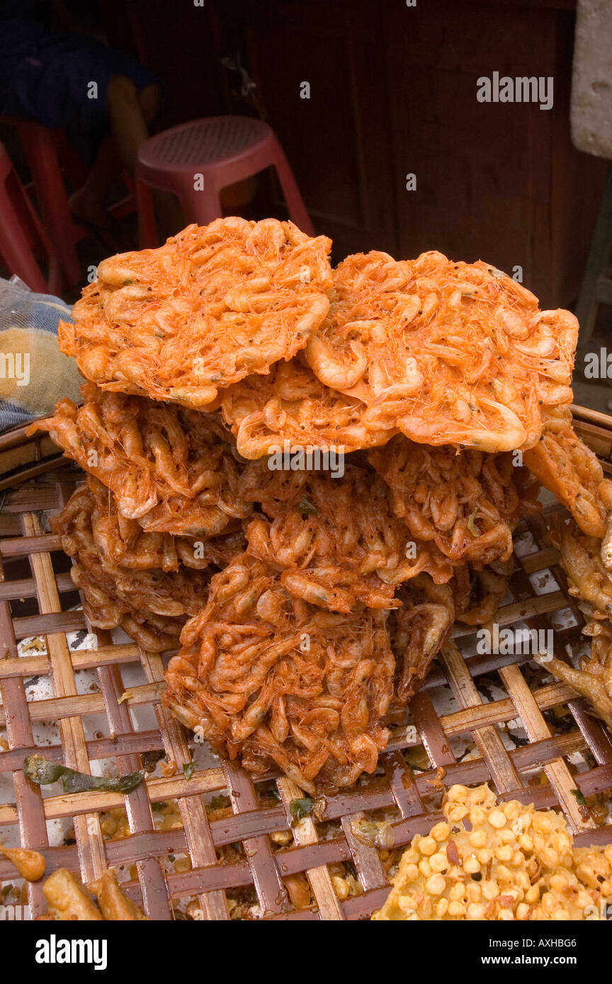 Stock photograph of fritters made from river shrimps for sale at Mingun ...