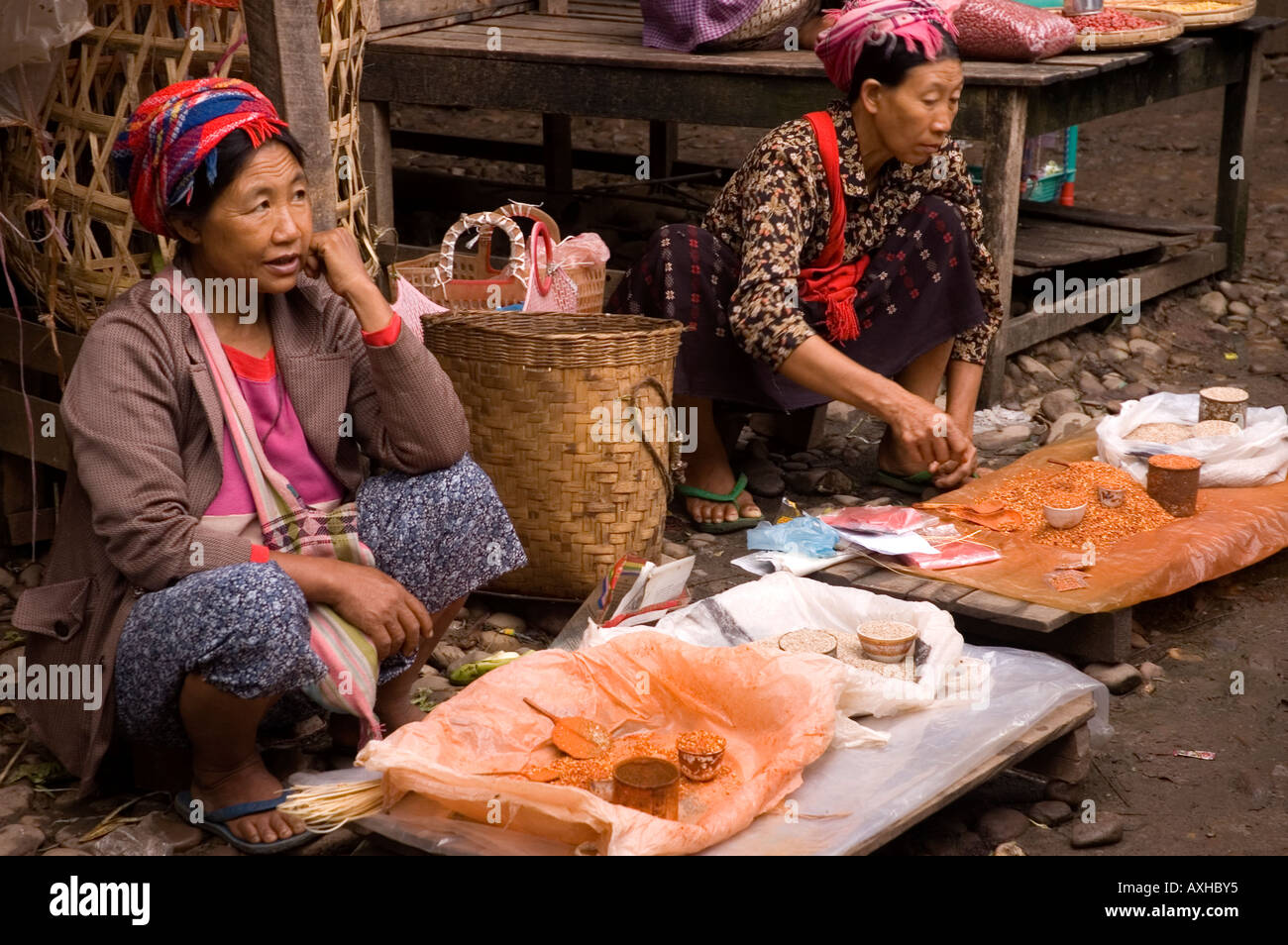 Stock photograph of hill tribe women selling chilli powder at Hsipaw ...
