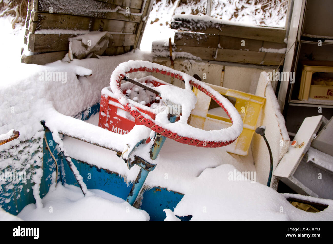 Interior of abandoned, snow covered van Stock Photo - Alamy