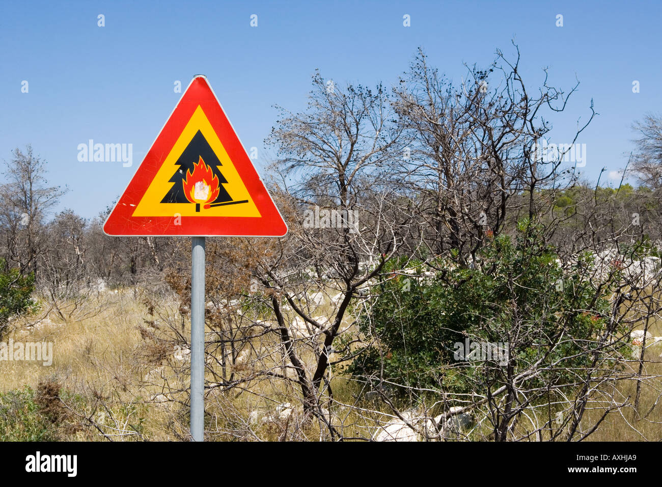 Fire warning sign and blackened trees and scrub from fire Hvar Island ...