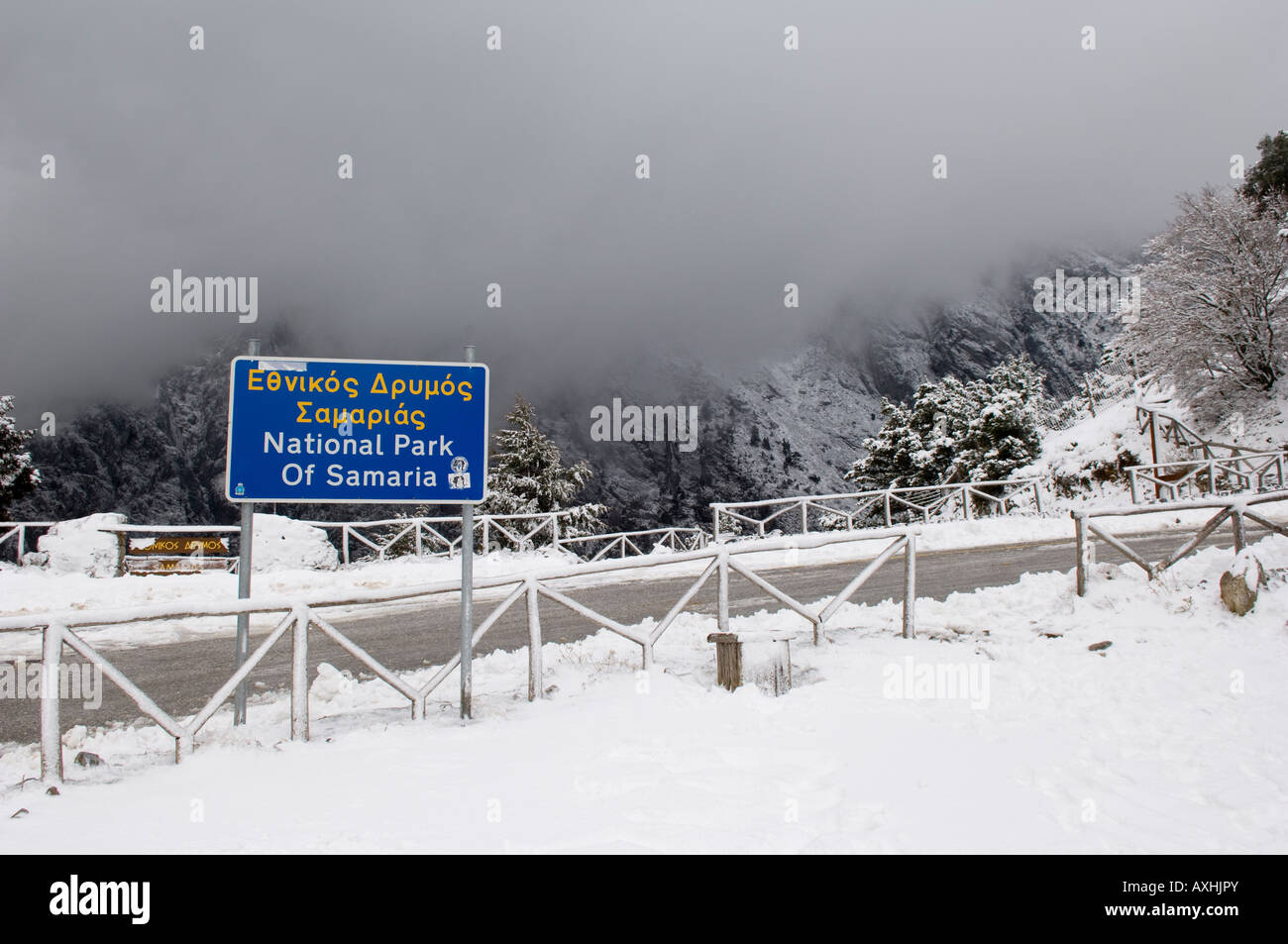 Sign for National Park of Samaria in winter Stock Photo - Alamy