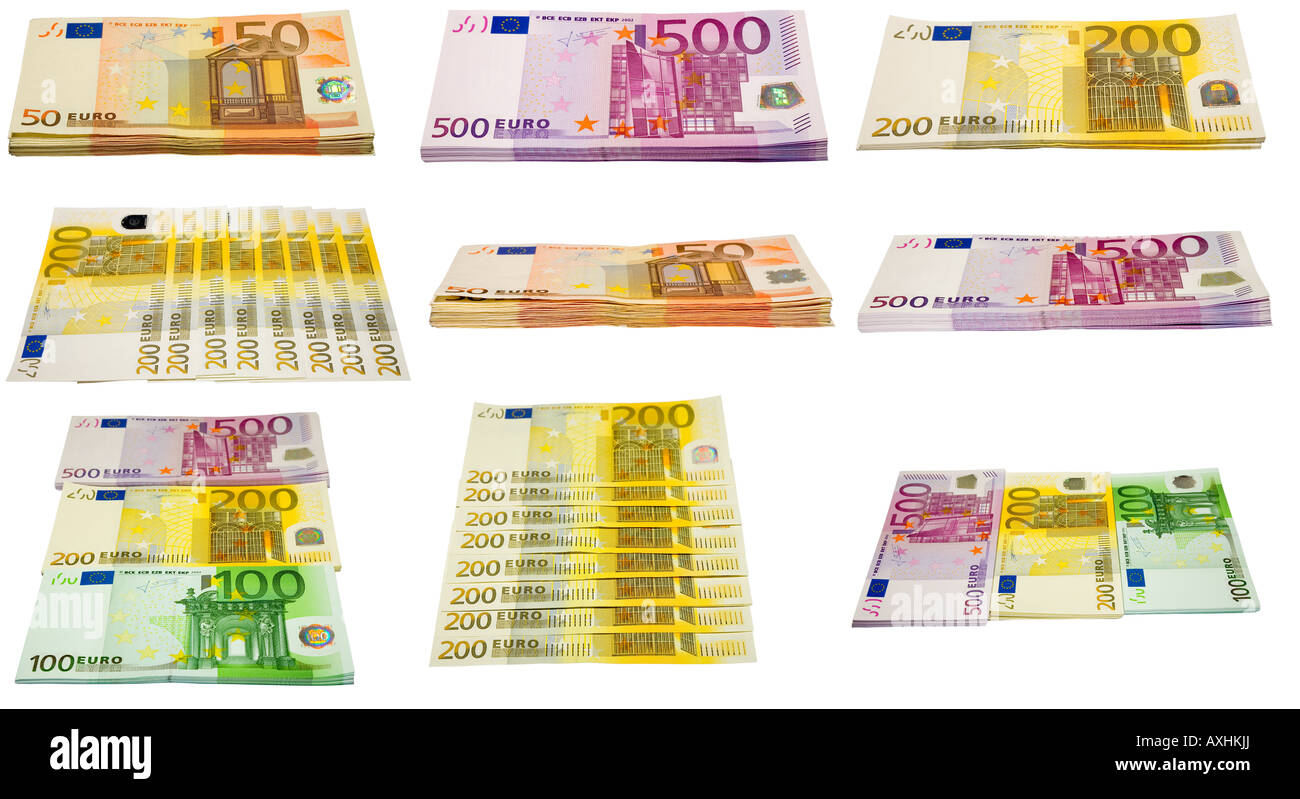 the collection of euro banknotes bundles on white background Stock ...