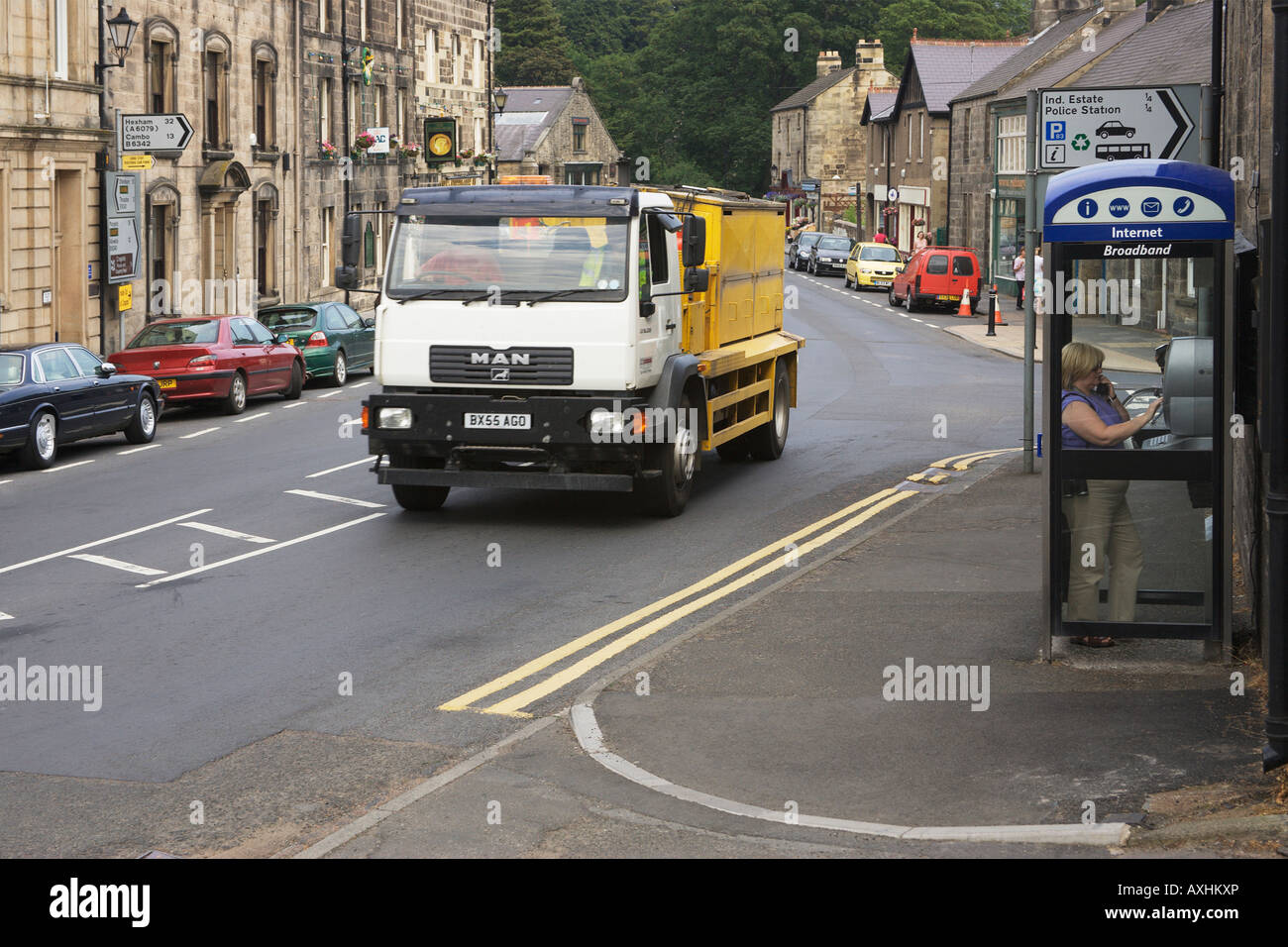 Main street of Rothbury Northumberland UK with heavy lorry driving ...