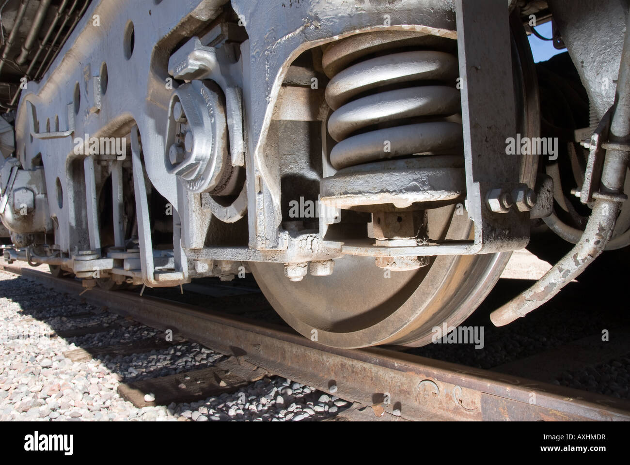 A train track and train wheel give great perspective to the size and ...