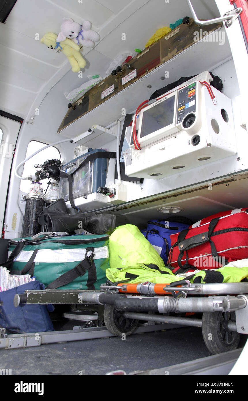 Inside the rear of an air ambulance helicopter showing patient ...
